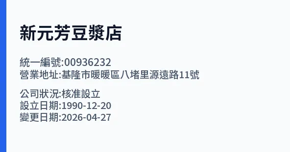 新元芳豆漿店的照片-統編 00936232(基隆市) 公司登記資料與營業項目詳細圖表