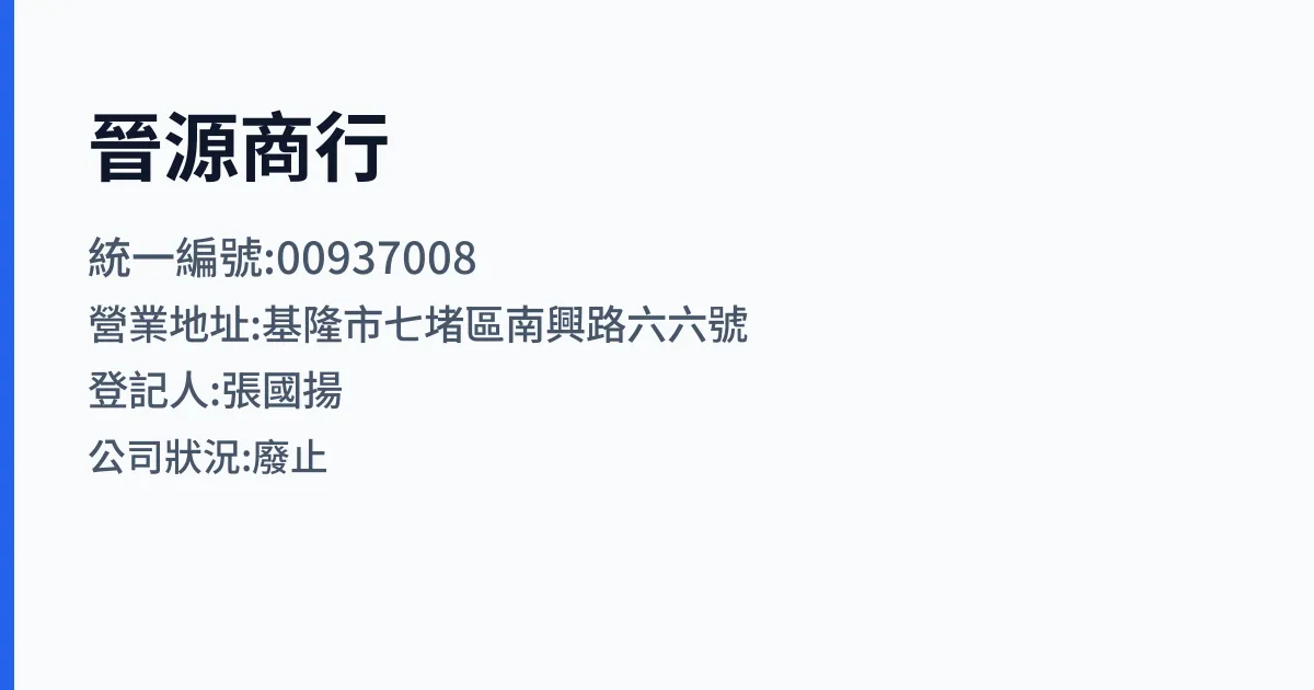 晉源商行 - 統編 00937008(基隆市) 公司登記資料與營業項目詳細圖表