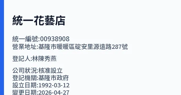 統一花藝店的照片-統編 00938908(基隆市) 公司登記資料與營業項目詳細圖表