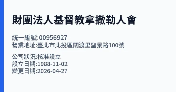 財團法人基督教拿撒勒人會的照片-統編 00956927(臺北市) 公司登記資料與營業項目詳細圖表