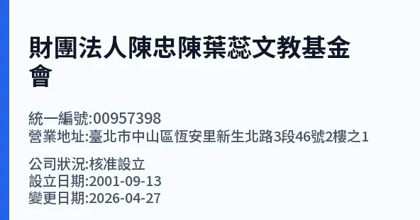 財團法人陳忠陳葉蕊文教基金會的照片-統編 00957398(臺北市) 公司登記資料與營業項目詳細圖表