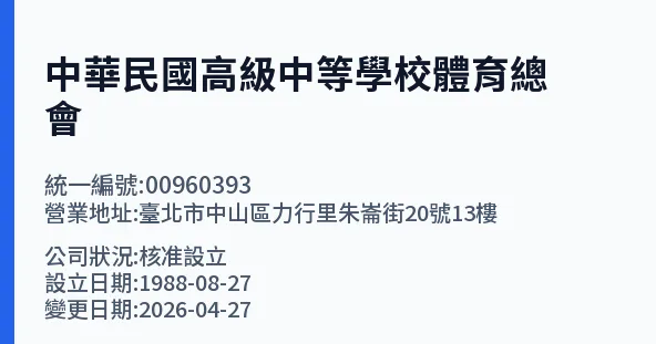 中華民國高級中等學校體育總會的照片-統編 00960393(臺北市) 公司登記資料與營業項目詳細圖表