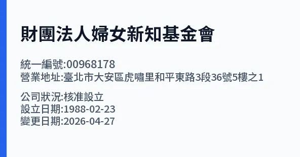 財團法人婦女新知基金會的照片-統編 00968178(臺北市) 公司登記資料與營業項目詳細圖表
