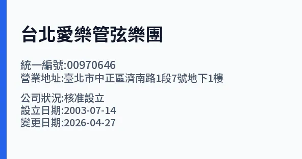 台北愛樂管弦樂團的照片-統編 00970646(臺北市) 公司登記資料與營業項目詳細圖表