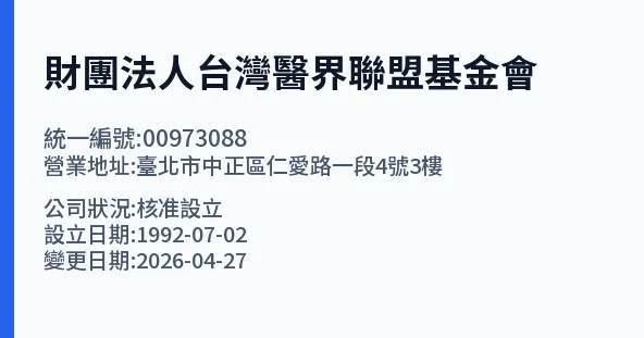 財團法人台灣醫界聯盟基金會的照片-統編 00973088(臺北市) 公司登記資料與營業項目詳細圖表