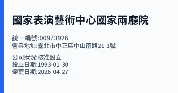 國家表演藝術中心國家兩廳院的照片-統編 00973926(臺北市) 公司登記資料與營業項目詳細圖表
