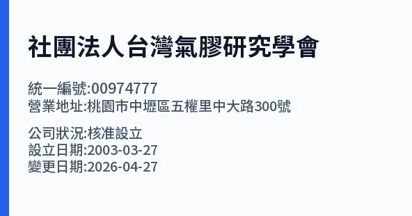 社團法人台灣氣膠研究學會的照片-統編 00974777(桃園市) 公司登記資料與營業項目詳細圖表