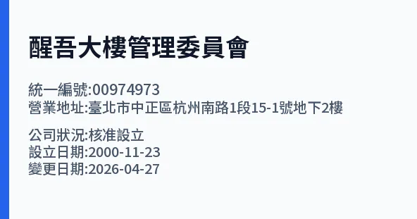 醒吾大樓管理委員會的照片-統編 00974973(臺北市) 公司登記資料與營業項目詳細圖表