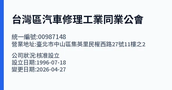 台灣區汽車修理工業同業公會的照片-統編 00987148(臺北市) 公司登記資料與營業項目詳細圖表