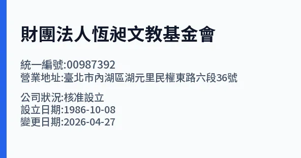 財團法人恆昶文教基金會的照片-統編 00987392(臺北市) 公司登記資料與營業項目詳細圖表