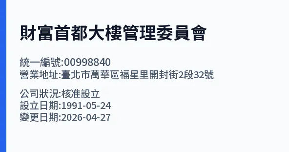 財富首都大樓管理委員會的照片-統編 00998840(臺北市) 公司登記資料與營業項目詳細圖表