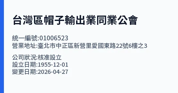 台灣區帽子輸出業同業公會的照片-統編 01006523(臺北市) 公司登記資料與營業項目詳細圖表