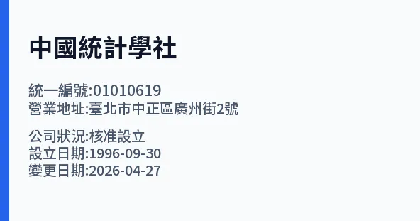 中國統計學社的照片-統編 01010619(臺北市) 公司登記資料與營業項目詳細圖表