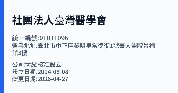 社團法人臺灣醫學會的照片-統編 01011096(臺北市) 公司登記資料與營業項目詳細圖表