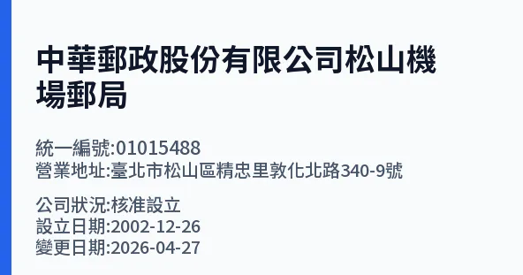 中華郵政股份有限公司松山機場郵局的照片-統編 01015488(臺北市) 公司登記資料與營業項目詳細圖表