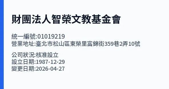 財團法人智榮文教基金會的照片-統編 01019219(臺北市) 公司登記資料與營業項目詳細圖表