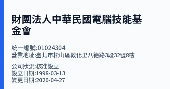 財團法人中華民國電腦技能基金會的照片-統編 01024304(臺北市) 公司登記資料與營業項目詳細圖表