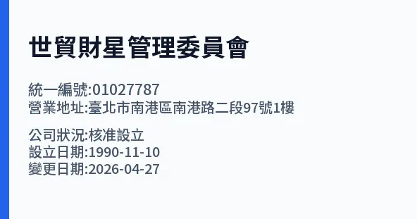 世貿財星管理委員會的照片-統編 01027787(臺北市) 公司登記資料與營業項目詳細圖表