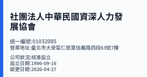 社團法人中華民國資深人力發展協會的照片-統編 01032085(臺北市) 公司登記資料與營業項目詳細圖表
