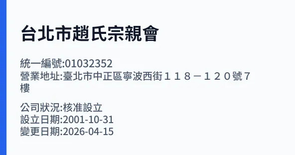 台北市趙氏宗親會的照片-統編 01032352(臺北市) 公司登記資料與營業項目詳細圖表