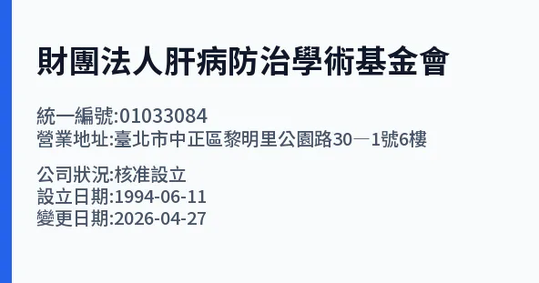 財團法人肝病防治學術基金會的照片-統編 01033084(臺北市) 公司登記資料與營業項目詳細圖表