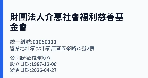 財團法人介惠社會福利慈善基金會的照片-統編 01050111(新北市) 公司登記資料與營業項目詳細圖表