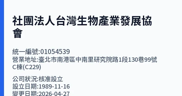 社團法人台灣生物產業發展協會的照片-統編 01054539(臺北市) 公司登記資料與營業項目詳細圖表