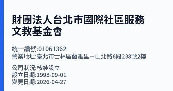 財團法人台北市國際社區服務文教基金會的照片-統編 01061362(臺北市) 公司登記資料與營業項目詳細圖表