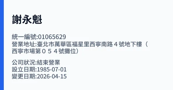 謝永魁的照片-統編 01065629(臺北市) 公司登記資料與營業項目詳細圖表