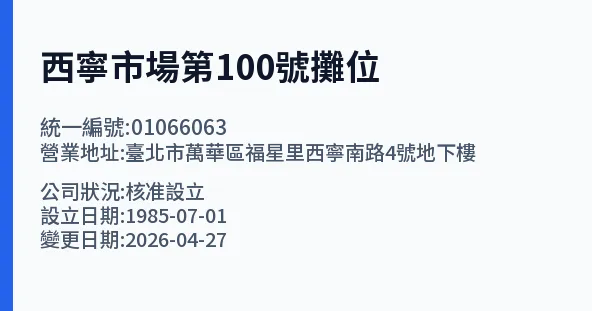 西寧市場第100號攤位的照片-統編 01066063(臺北市) 公司登記資料與營業項目詳細圖表