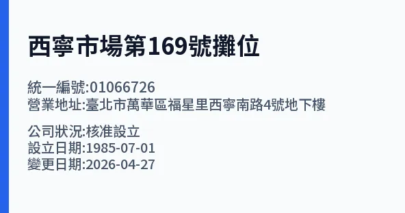 西寧市場第169號攤位的照片-統編 01066726(臺北市) 公司登記資料與營業項目詳細圖表