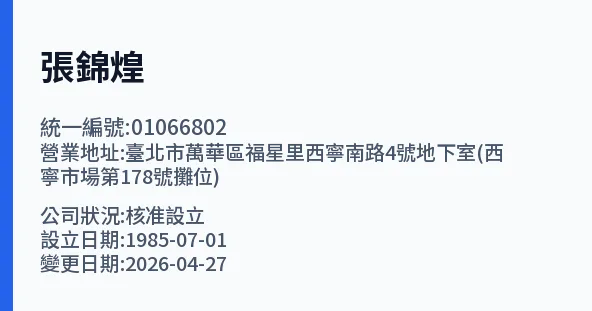 張錦煌的照片-統編 01066802(臺北市) 公司登記資料與營業項目詳細圖表
