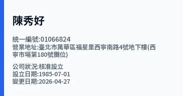陳秀好的照片-統編 01066824(臺北市) 公司登記資料與營業項目詳細圖表