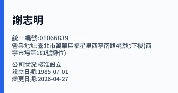 謝志明的照片-統編 01066839(臺北市) 公司登記資料與營業項目詳細圖表
