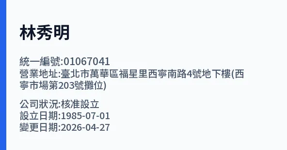 林秀明的照片-統編 01067041(臺北市) 公司登記資料與營業項目詳細圖表