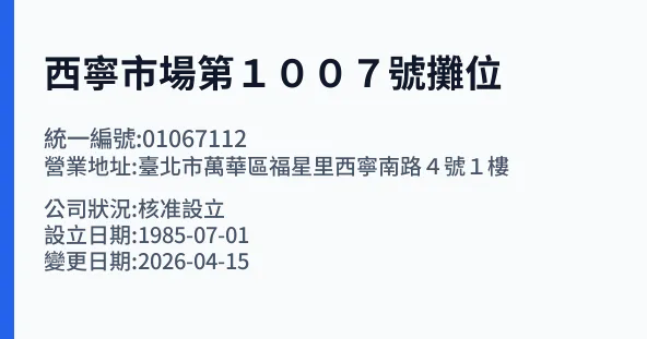西寧市場第１００７號攤位的照片-統編 01067112(臺北市) 公司登記資料與營業項目詳細圖表