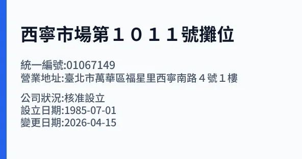 西寧市場第１０１１號攤位的照片-統編 01067149(臺北市) 公司登記資料與營業項目詳細圖表