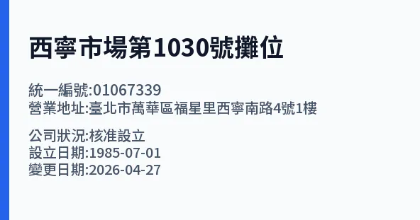 西寧市場第1030號攤位的照片-統編 01067339(臺北市) 公司登記資料與營業項目詳細圖表