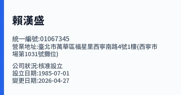 賴漢盛的照片-統編 01067345(臺北市) 公司登記資料與營業項目詳細圖表