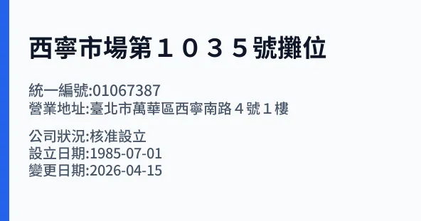 西寧市場第１０３５號攤位的照片-統編 01067387(臺北市) 公司登記資料與營業項目詳細圖表