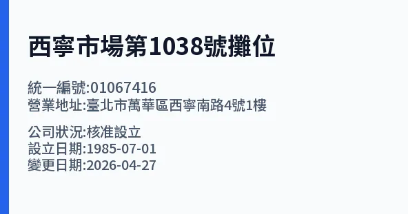 西寧市場第1038號攤位的照片-統編 01067416(臺北市) 公司登記資料與營業項目詳細圖表