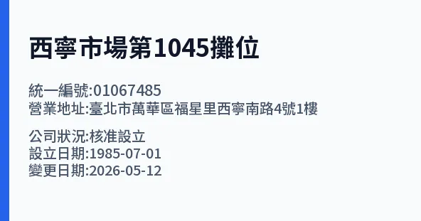 西寧市場第1045攤位的照片-統編 01067485(臺北市) 公司登記資料與營業項目詳細圖表