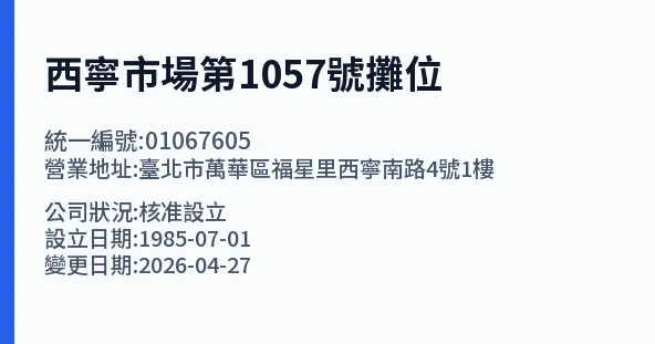 西寧市場第1057號攤位的照片-統編 01067605(臺北市) 公司登記資料與營業項目詳細圖表