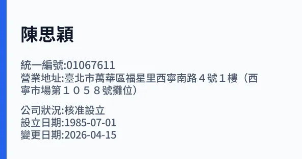 陳思穎的照片-統編 01067611(臺北市) 公司登記資料與營業項目詳細圖表