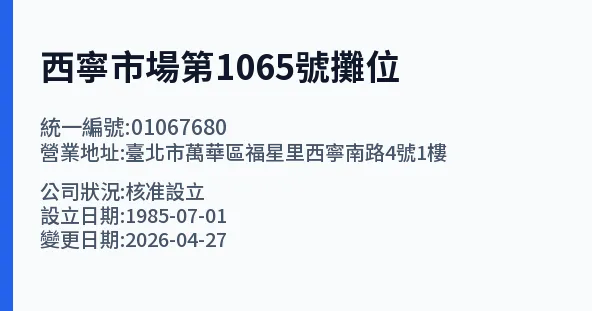 西寧市場第1065號攤位的照片-統編 01067680(臺北市) 公司登記資料與營業項目詳細圖表