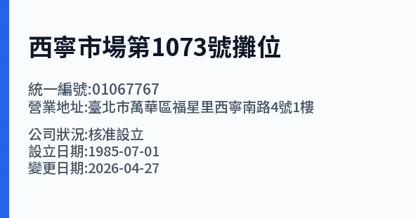 西寧市場第1073號攤位的照片-統編 01067767(臺北市) 公司登記資料與營業項目詳細圖表