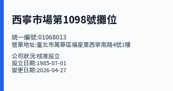 西寧市場第1098號攤位的照片-統編 01068013(臺北市) 公司登記資料與營業項目詳細圖表