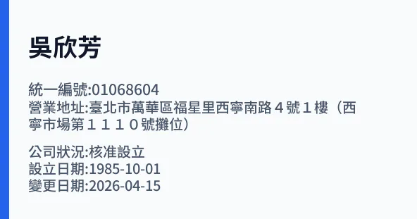 吳欣芳的照片-統編 01068604(臺北市) 公司登記資料與營業項目詳細圖表