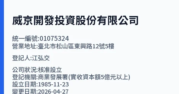 威京開發投資股份有限公司的照片-統編 01075324(臺北市) 公司登記資料與營業項目詳細圖表