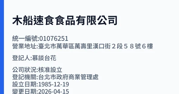木船速食食品有限公司的照片-統編 01076251(臺北市) 公司登記資料與營業項目詳細圖表
